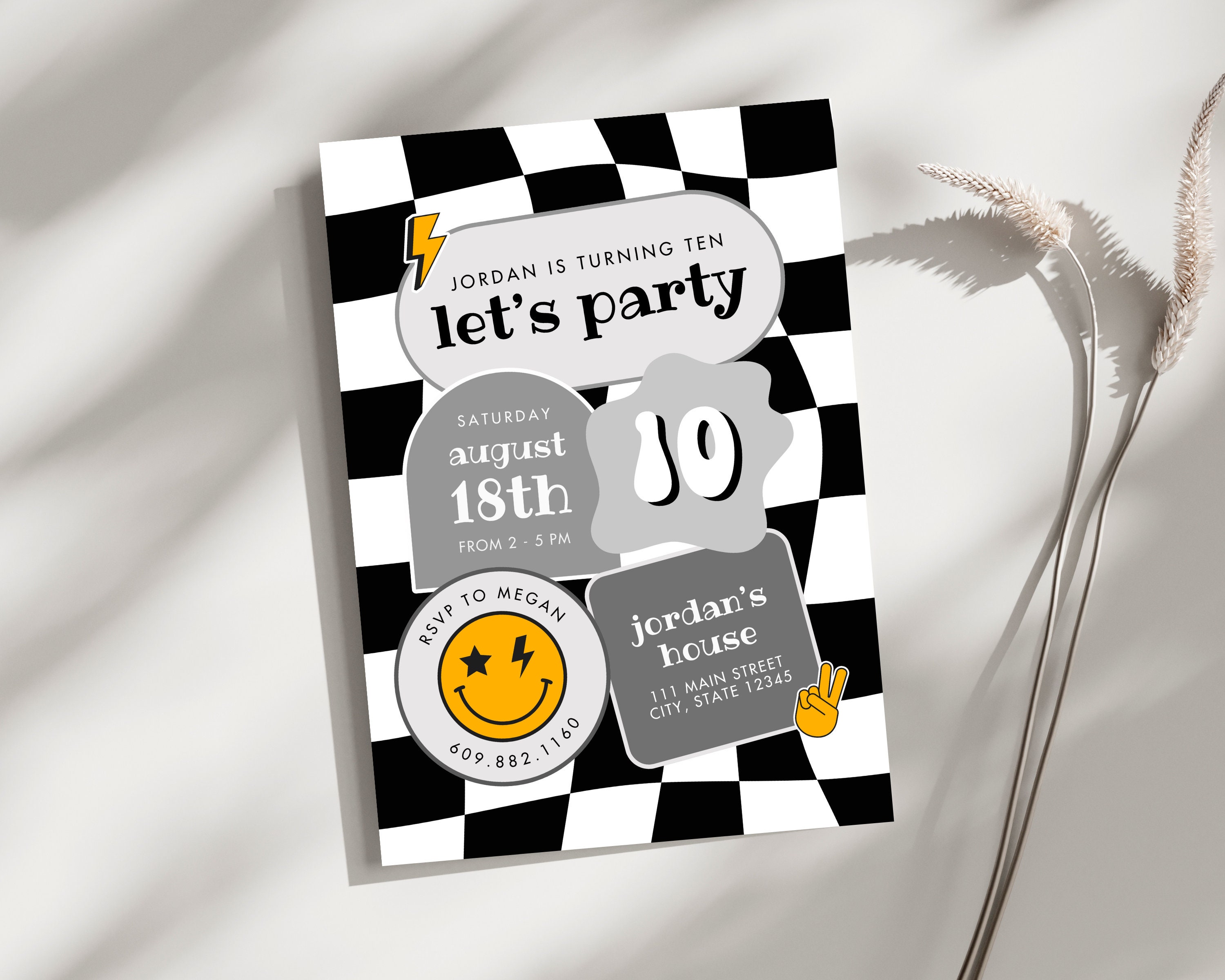 Retro Happy Face Birthday Invitation Smile Face Checkered Y2K Party ...