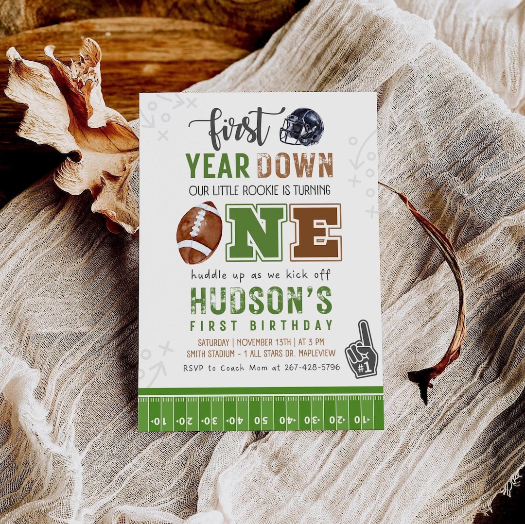 First Year Down Birthday Invite, Football 1st Birthday Invitation ...