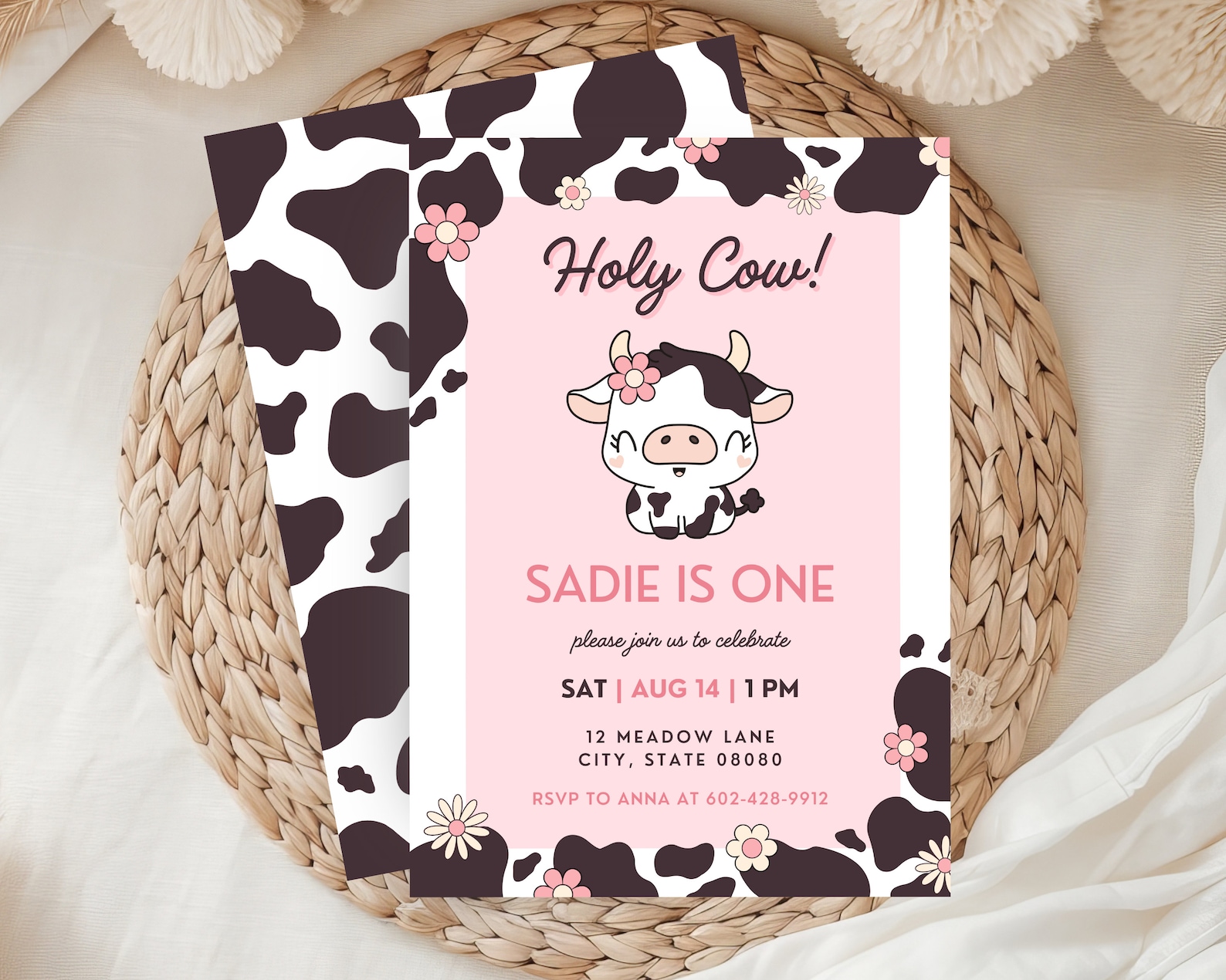 Holy Cow Pink Birthday Invitation Cow Floral Girl Party Invite Instant ...
