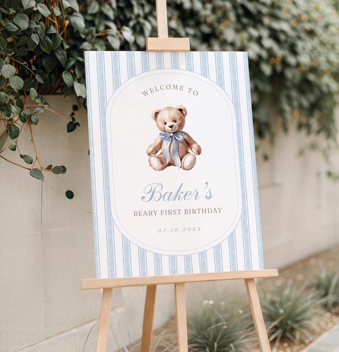 Teddy Bear Welcome Sign, Blue Grandmillennial Boy Birthday Party Decor ...