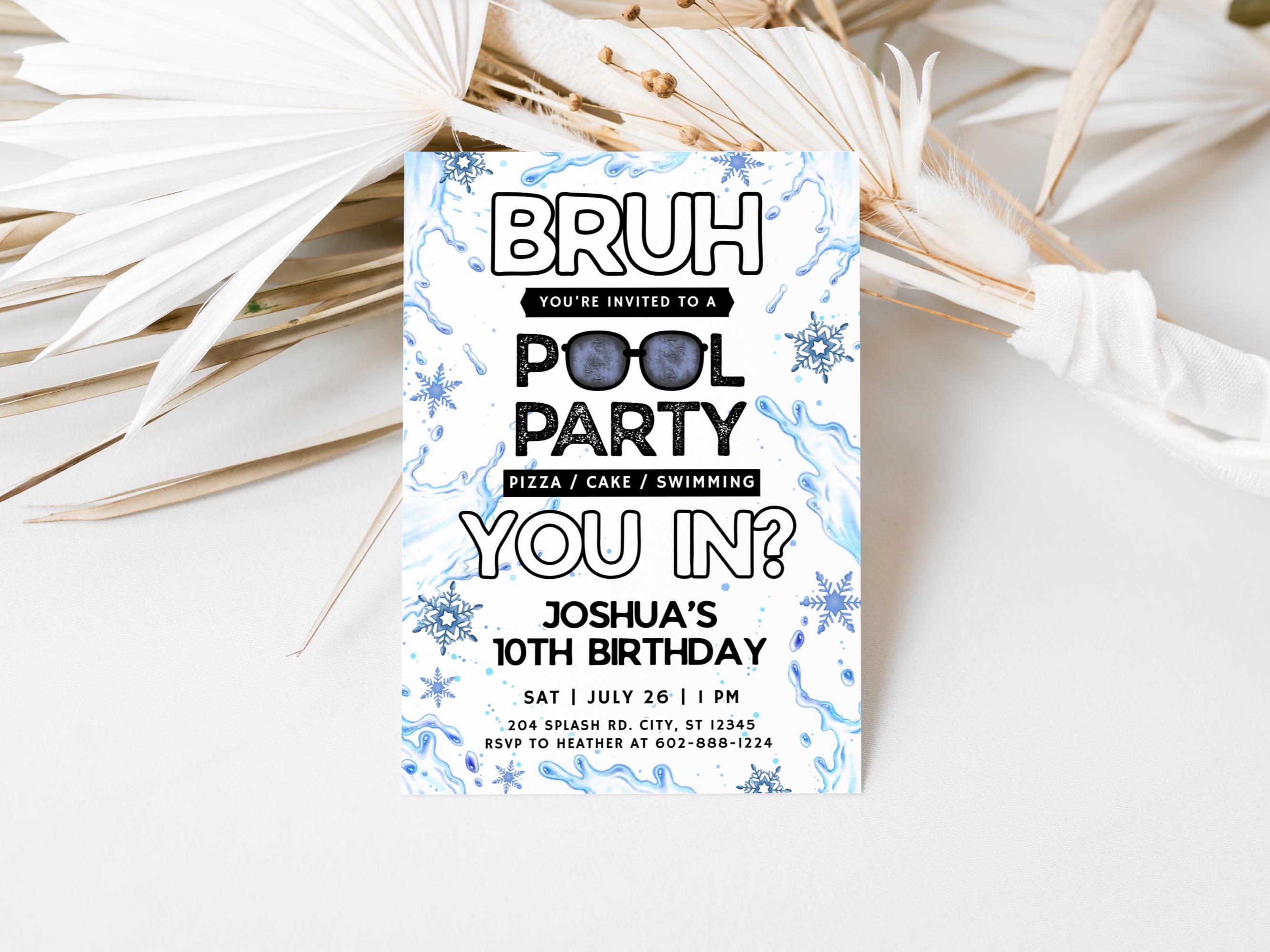 Bruh Pool Party Birthday Invitation, Boy Summer Swim Party Invite ...