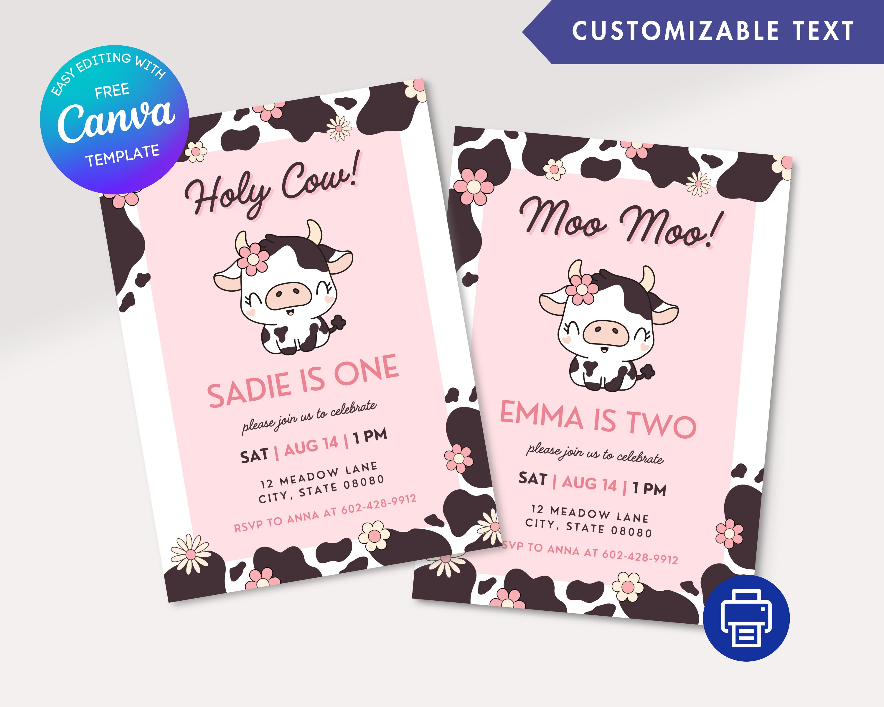 Holy Cow Pink Birthday Invitation Cow Floral Girl Party Invite Instant ...