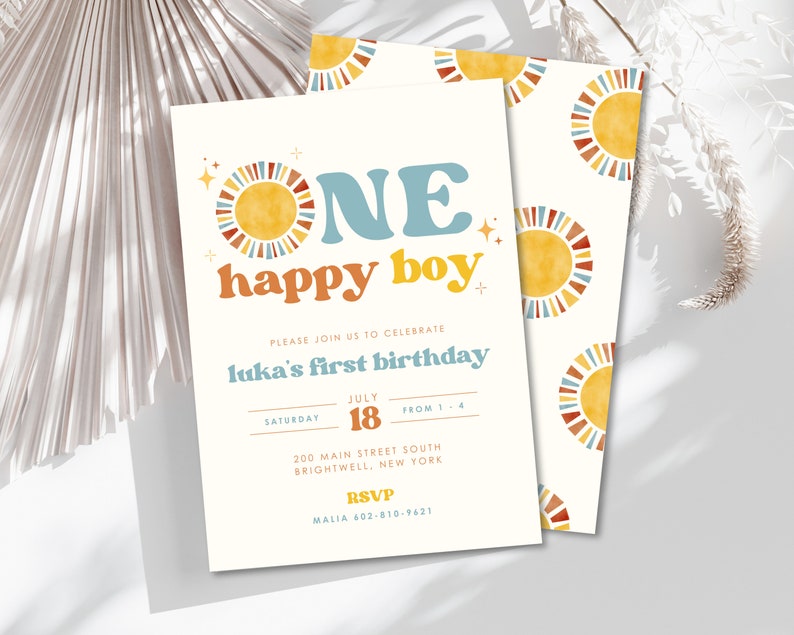 Boho Sun First Birthday Invitation One Happy Boy Retro 1st Birthday ...