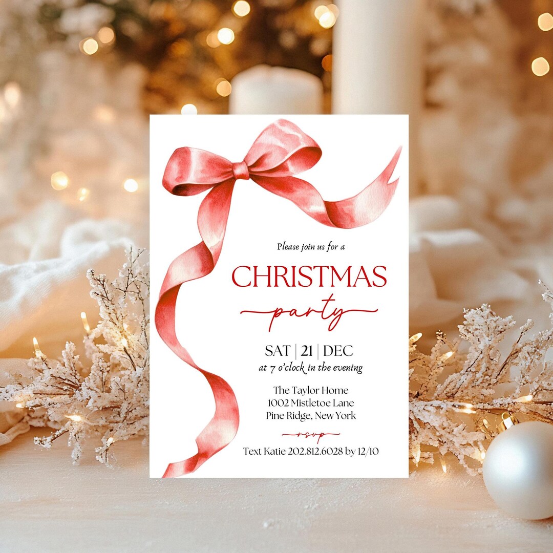 Red Bow Christmas Party Invitation | Editable Holiday Party Invite ...
