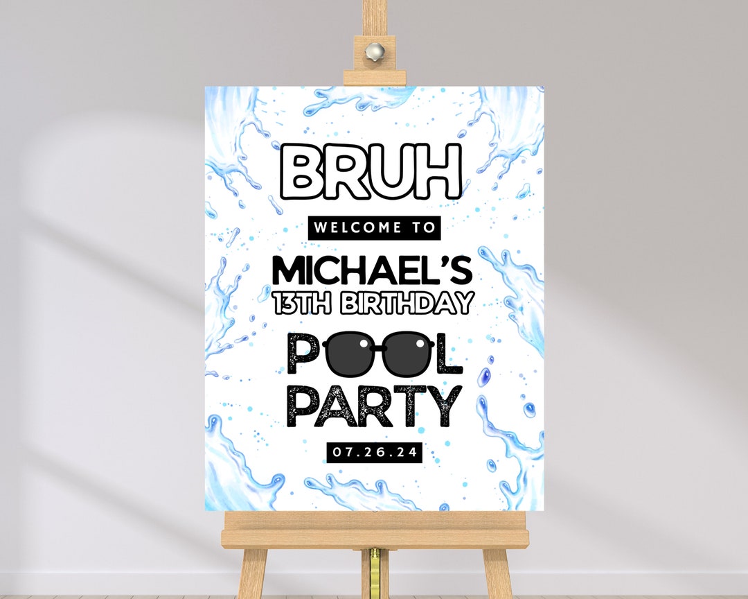 Bruh Pool Party Birthday Welcome Sign | Boy Summer Swim Party Welcome ...