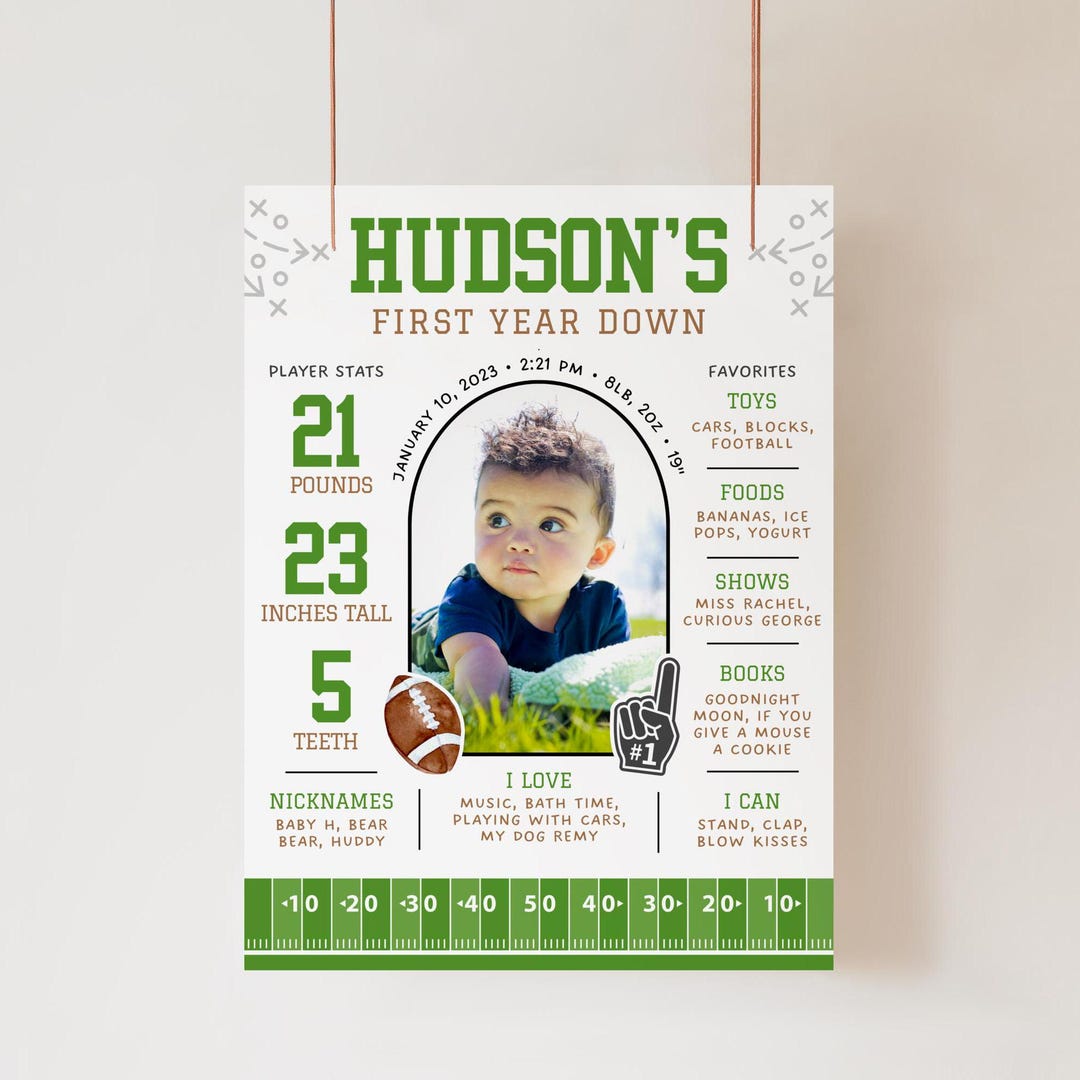 Football 1st Birthday Milestone Poster | First Year Down Editable Sign ...
