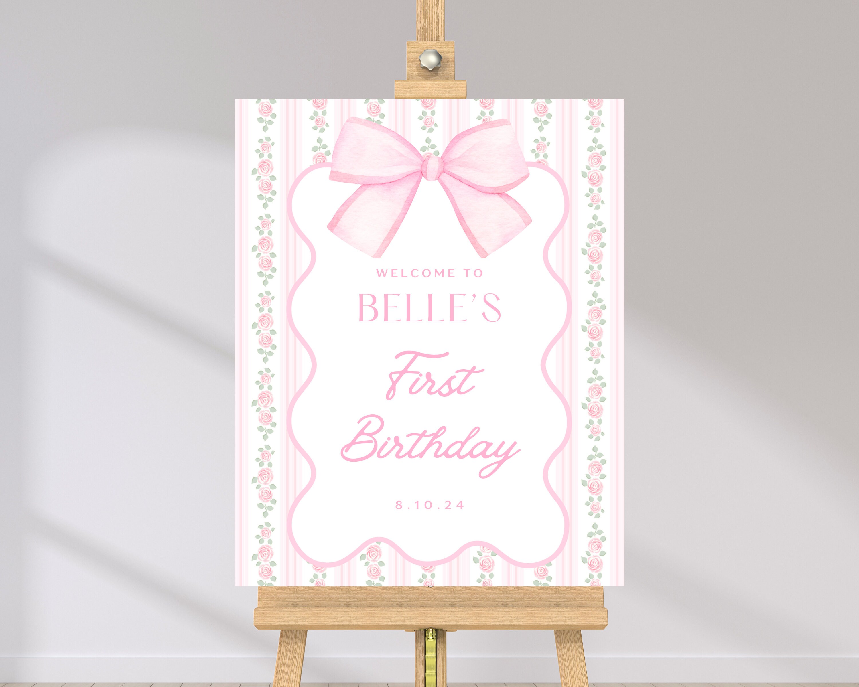 Vintage Pink Bow Floral Welcome Sign Elegant Coquette Bow & Roses ...