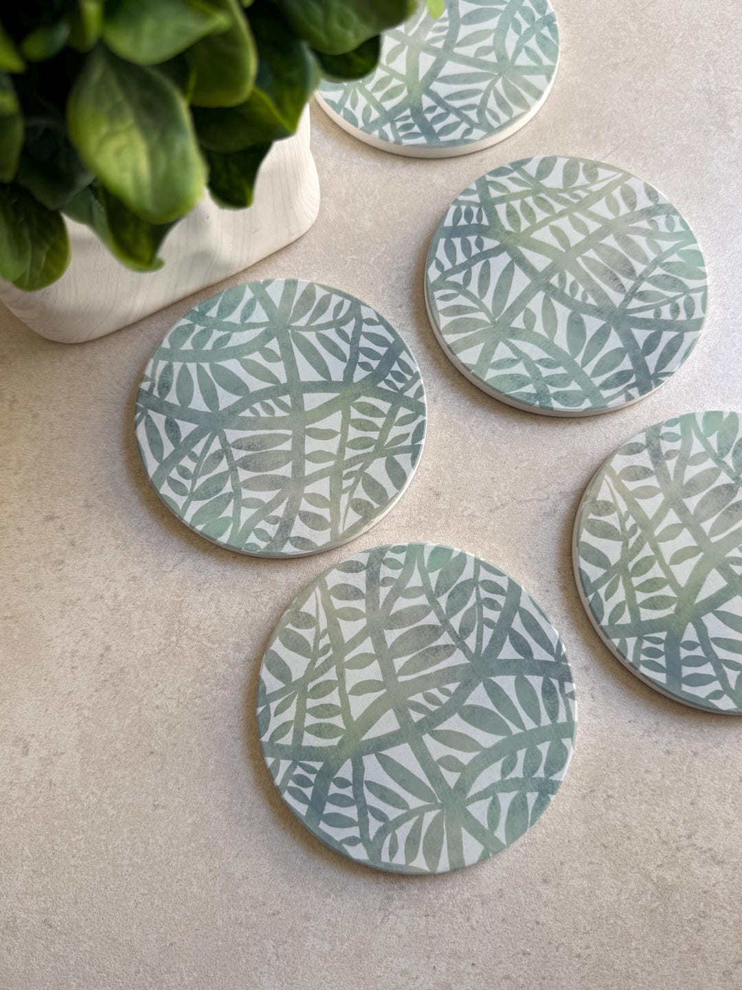 Sage Green Botanical Coasters | Minimal Leaf Pattern Home Decor ...