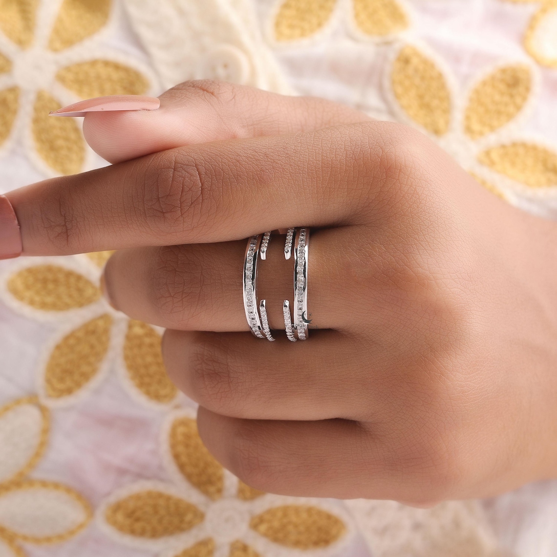 14K White Gold Aggie Wedding Ring, Enhancer Moissanite Band, Princess ...
