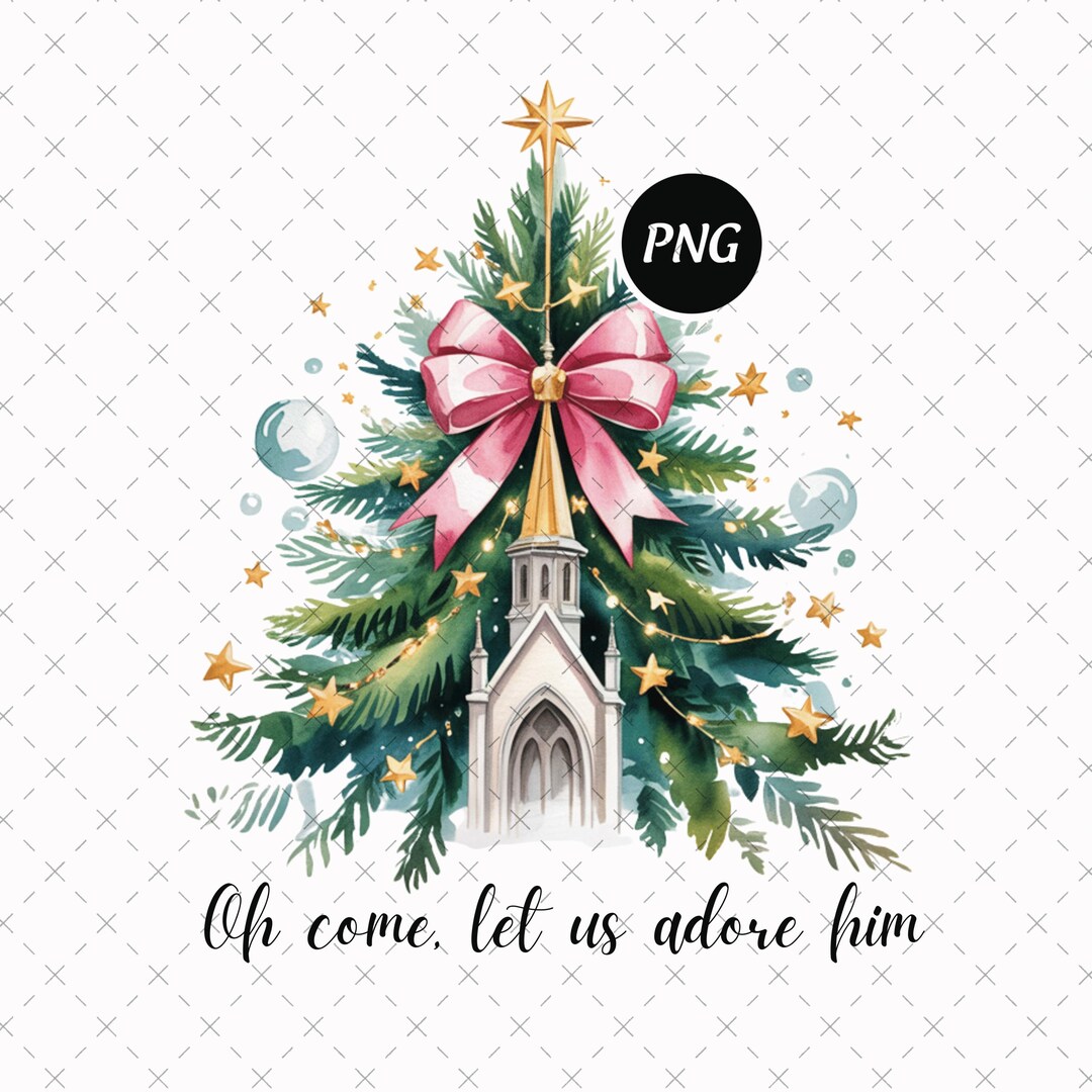 Watercolor Christmas Tree PNG, Church, Coquette Bow (digital Download ...