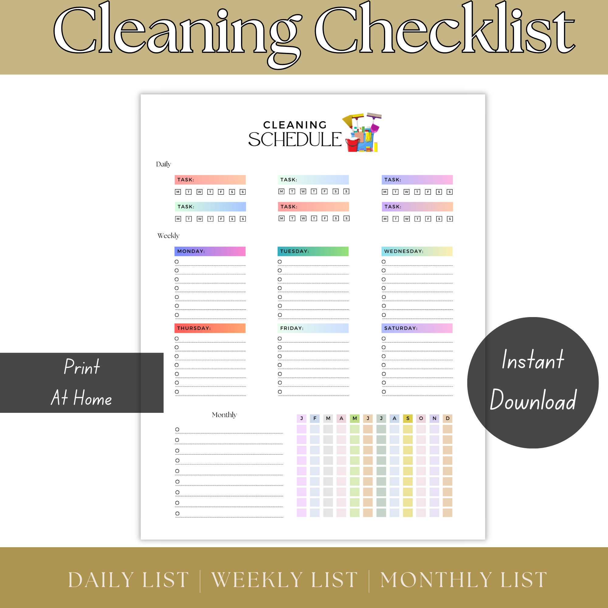 Printable Cleaning Checklist Cleaning Schedule Daily, Weekly, Monthly ...