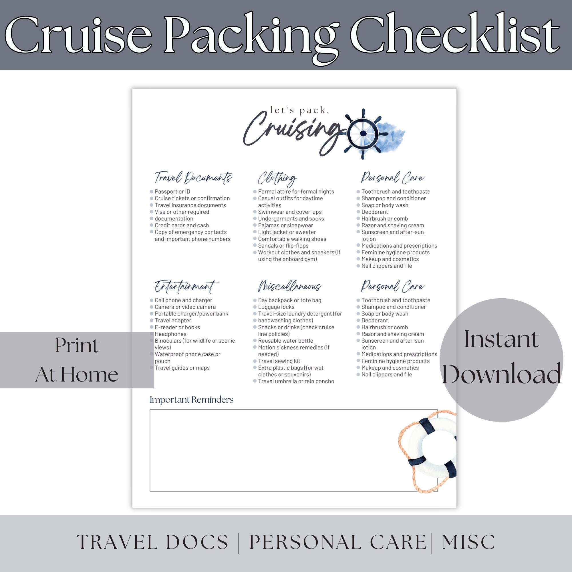 Cruise Packing Checklist Printable Packing List Travel Checklist ...