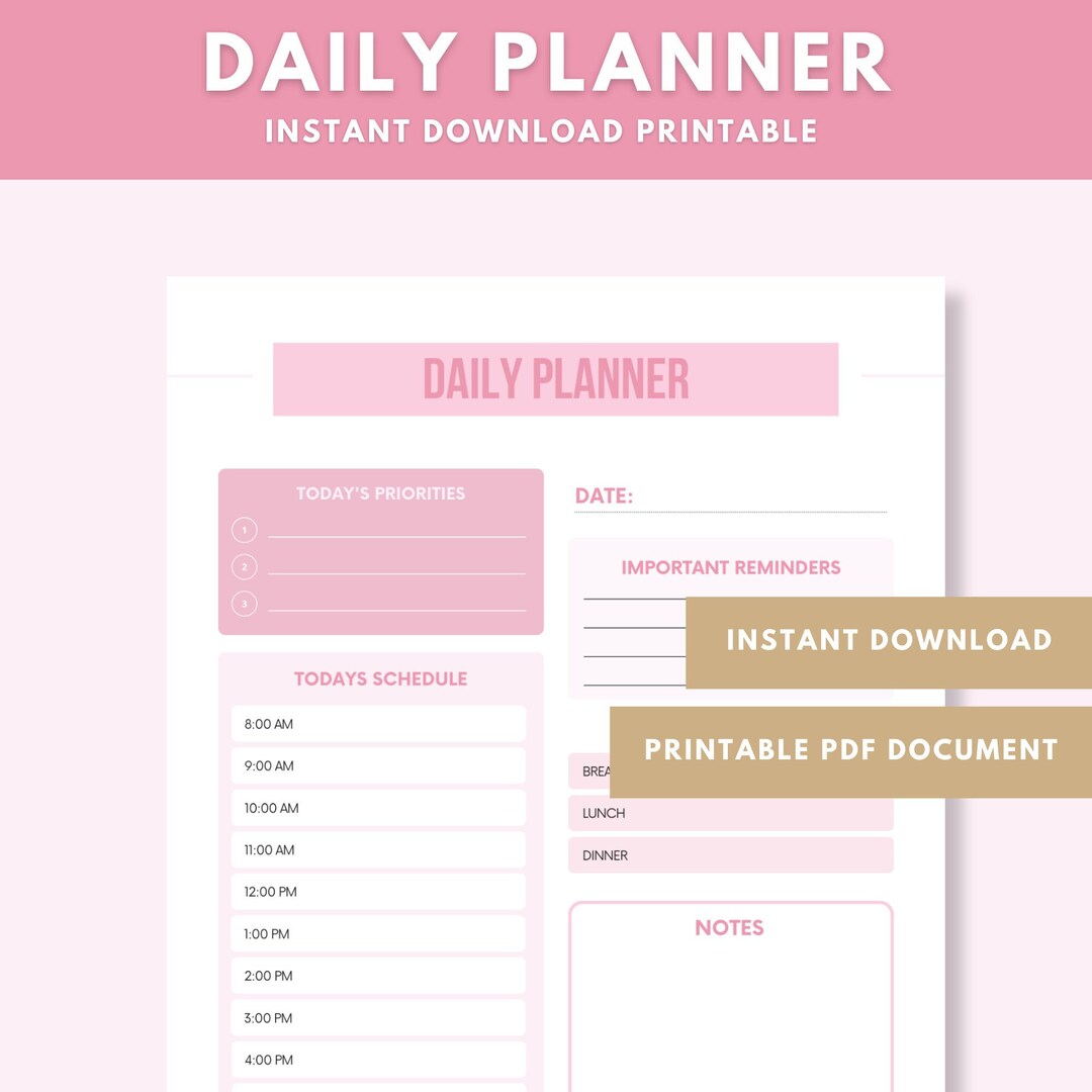 Pink Daily Planner Printable Template, Personal Daily Planner, Digital ...