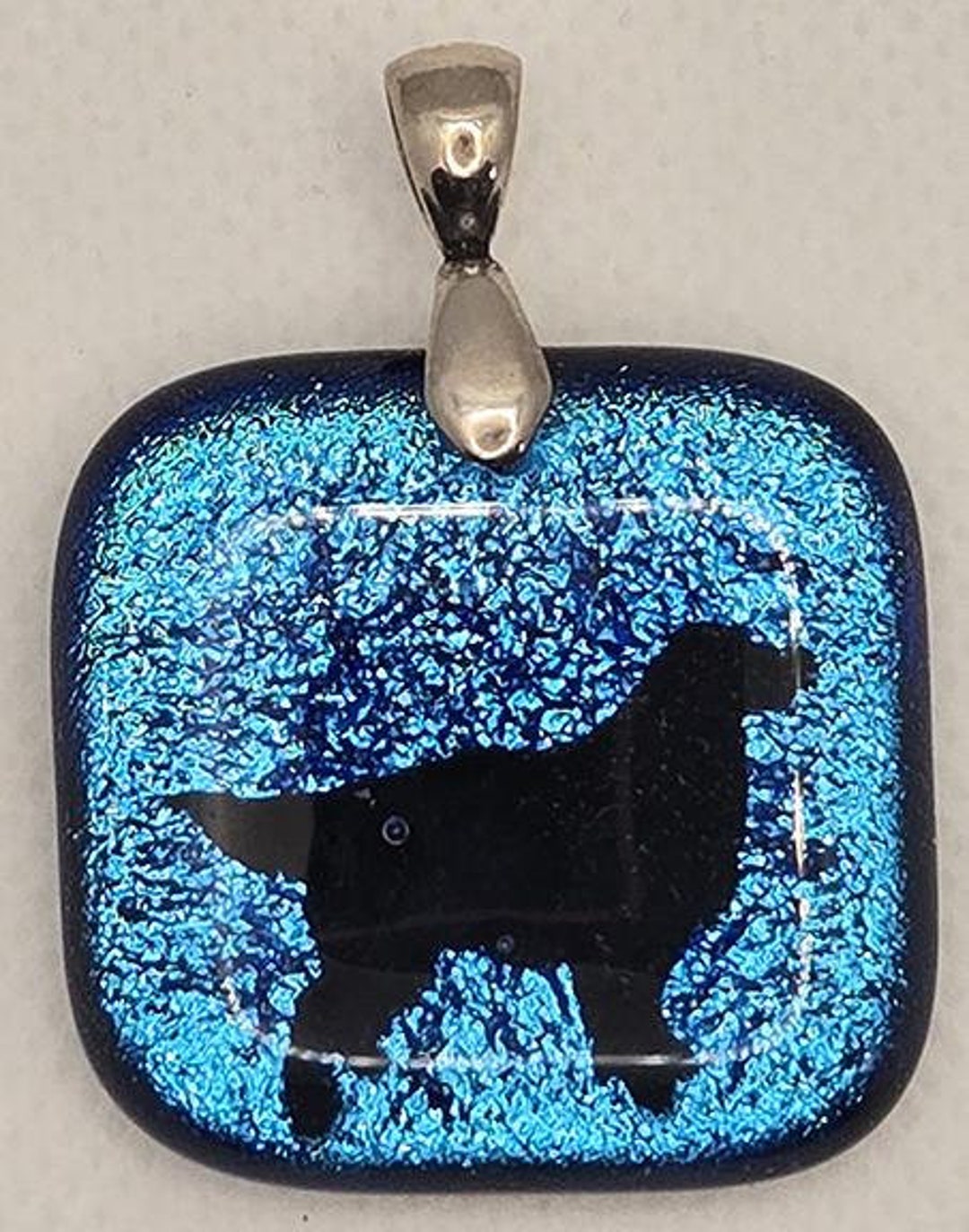 Black Golden Retriever on Silver Blue Dichroic Fused Glass Pendant - Etsy