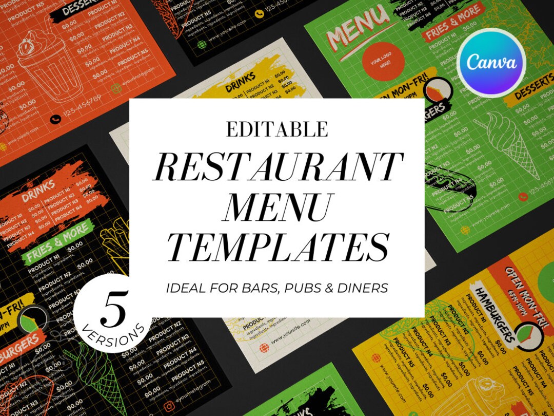 5 Single-page Fully Editable Canva Menu Templates, for Restaurants ...