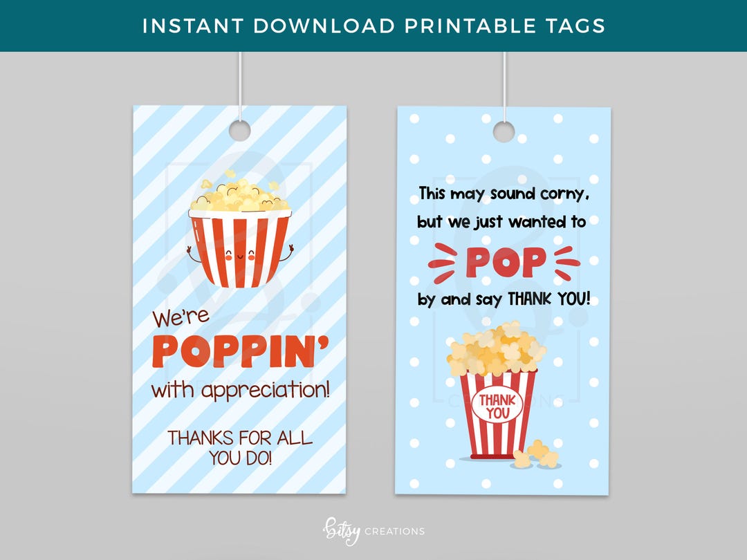 Printable POPCORN Gift Tags to Say Thank You - Instant Download ...