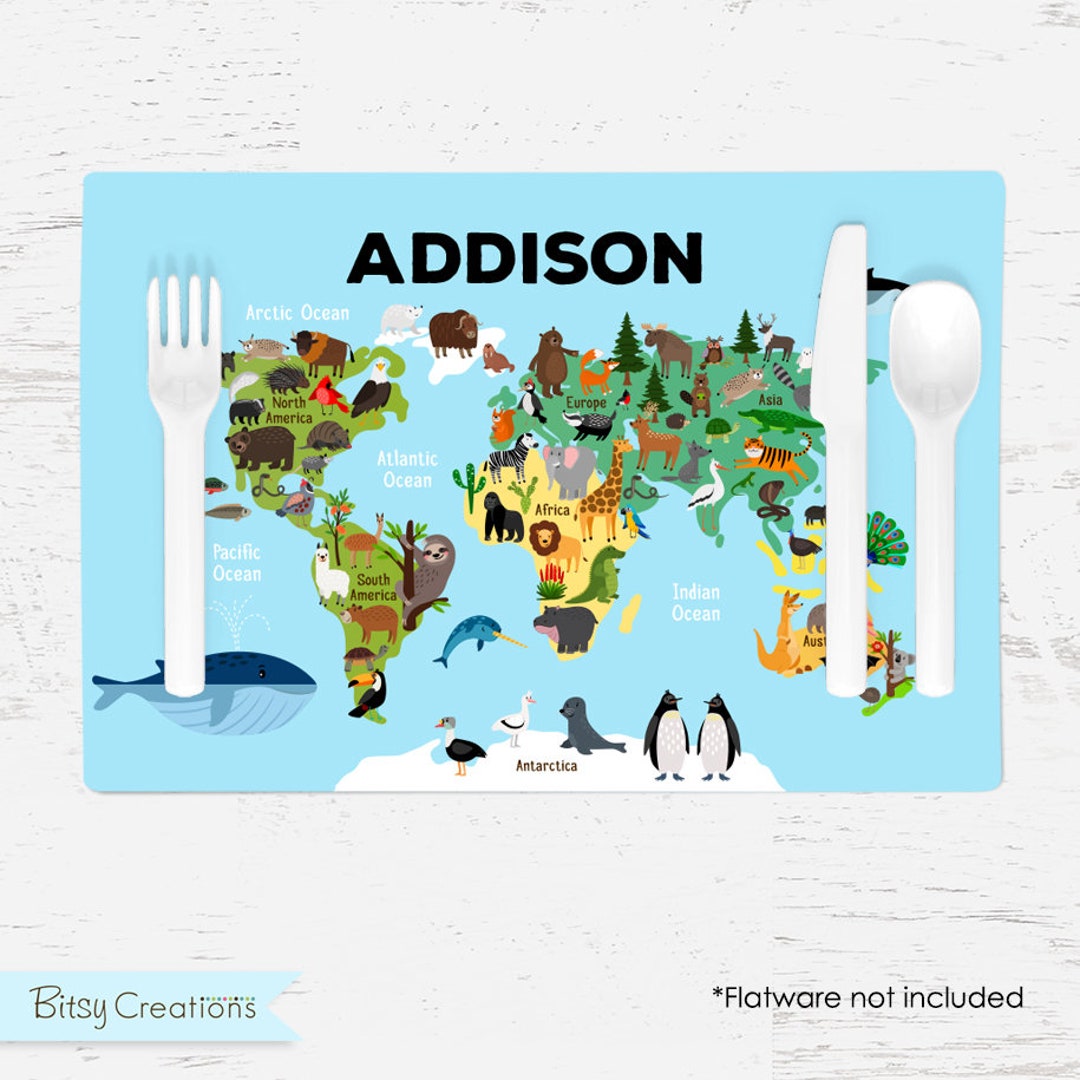 Personalized Animal Map Placemat - World Map Placemat for Children ...