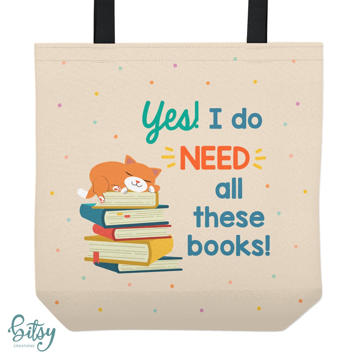 Personalized Library Tote Bag Cat on Pile of Books Yes I | Etsy