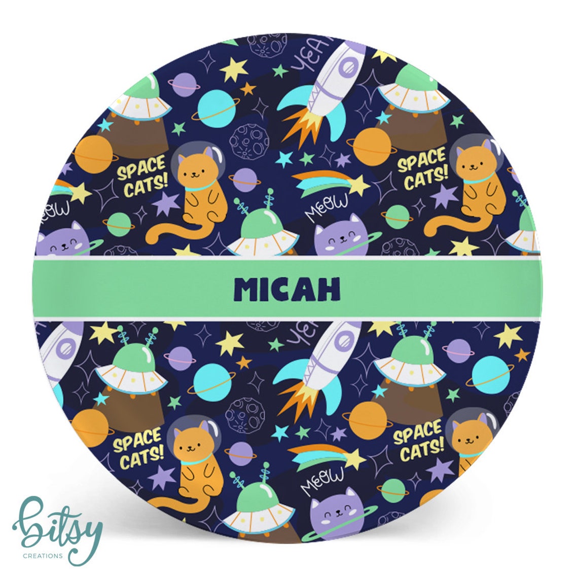 Personalized Space Cats Dinnerware Set for Kids - Plate, Bowl, Mug ...