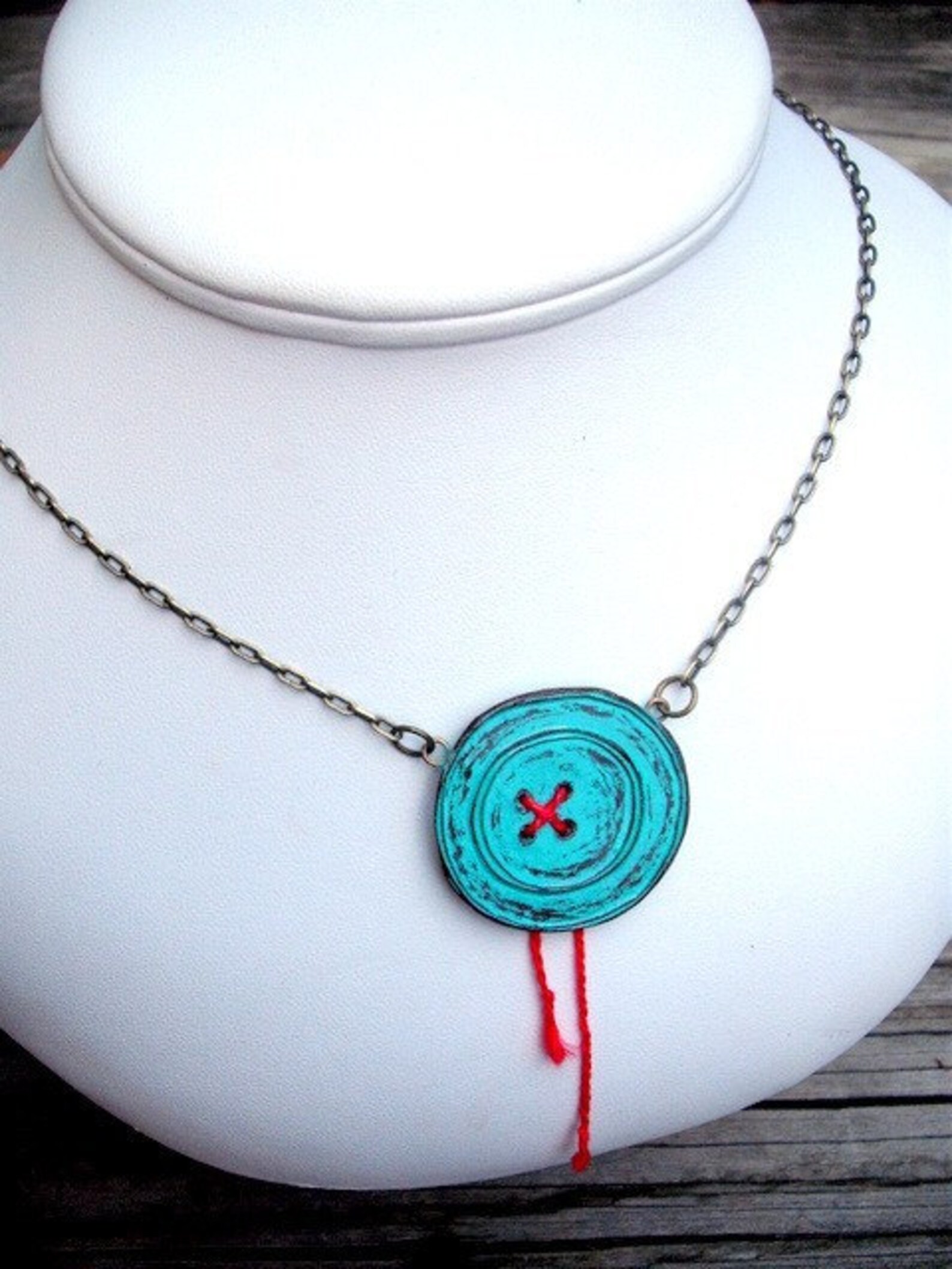 Big Turquoise Button Necklace With Red Thread, Rustic Button Necklace ...