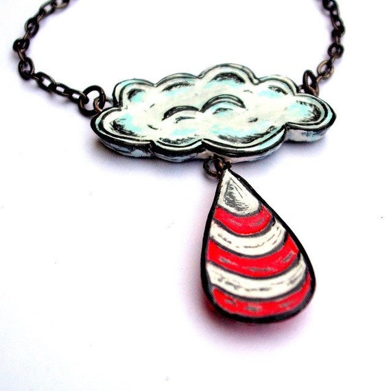 Items similar to Red and White Raincloud Necklace with Raindrop ...