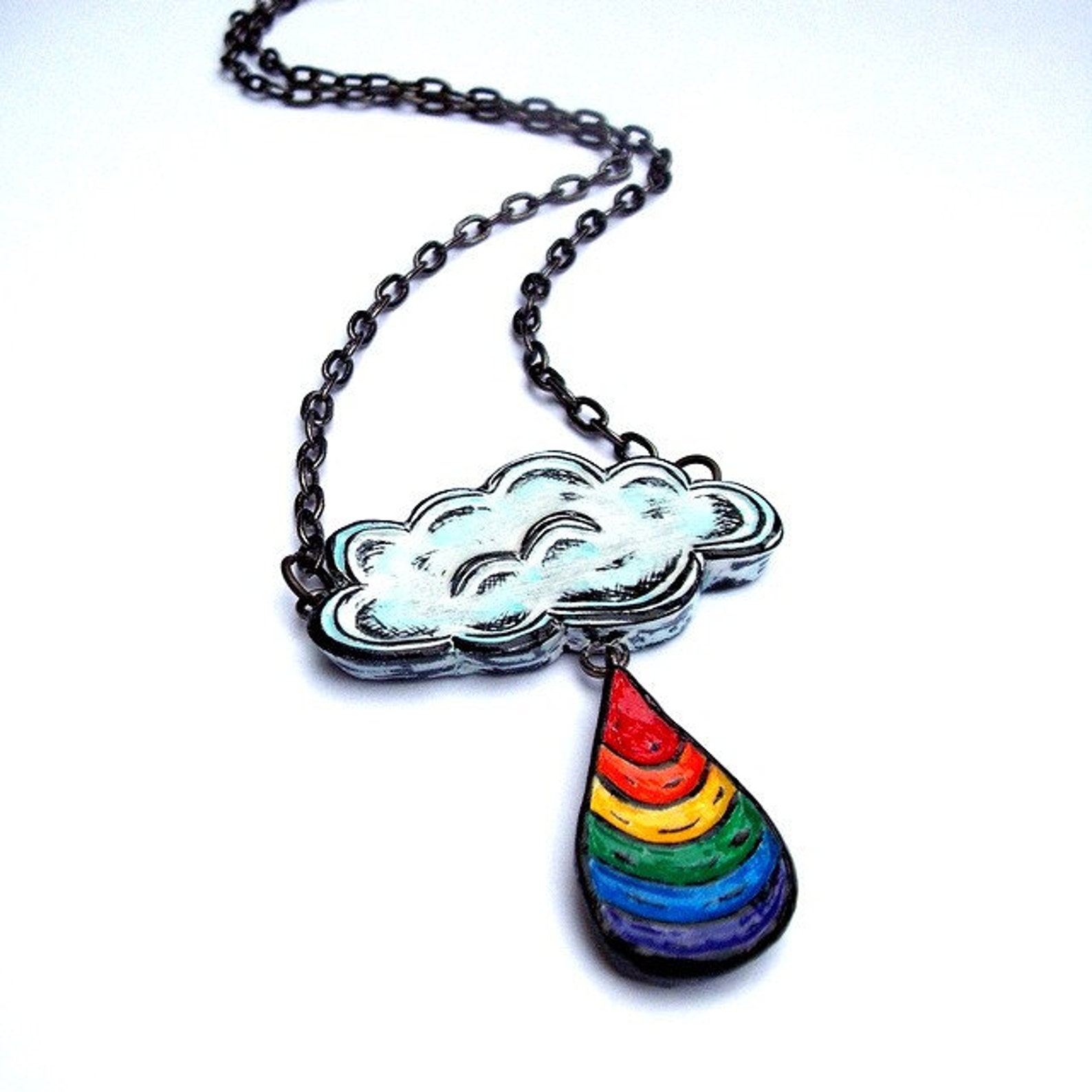 White Rain Cloud Necklace Rainbow Raindrop Necklace Rainbow | Etsy