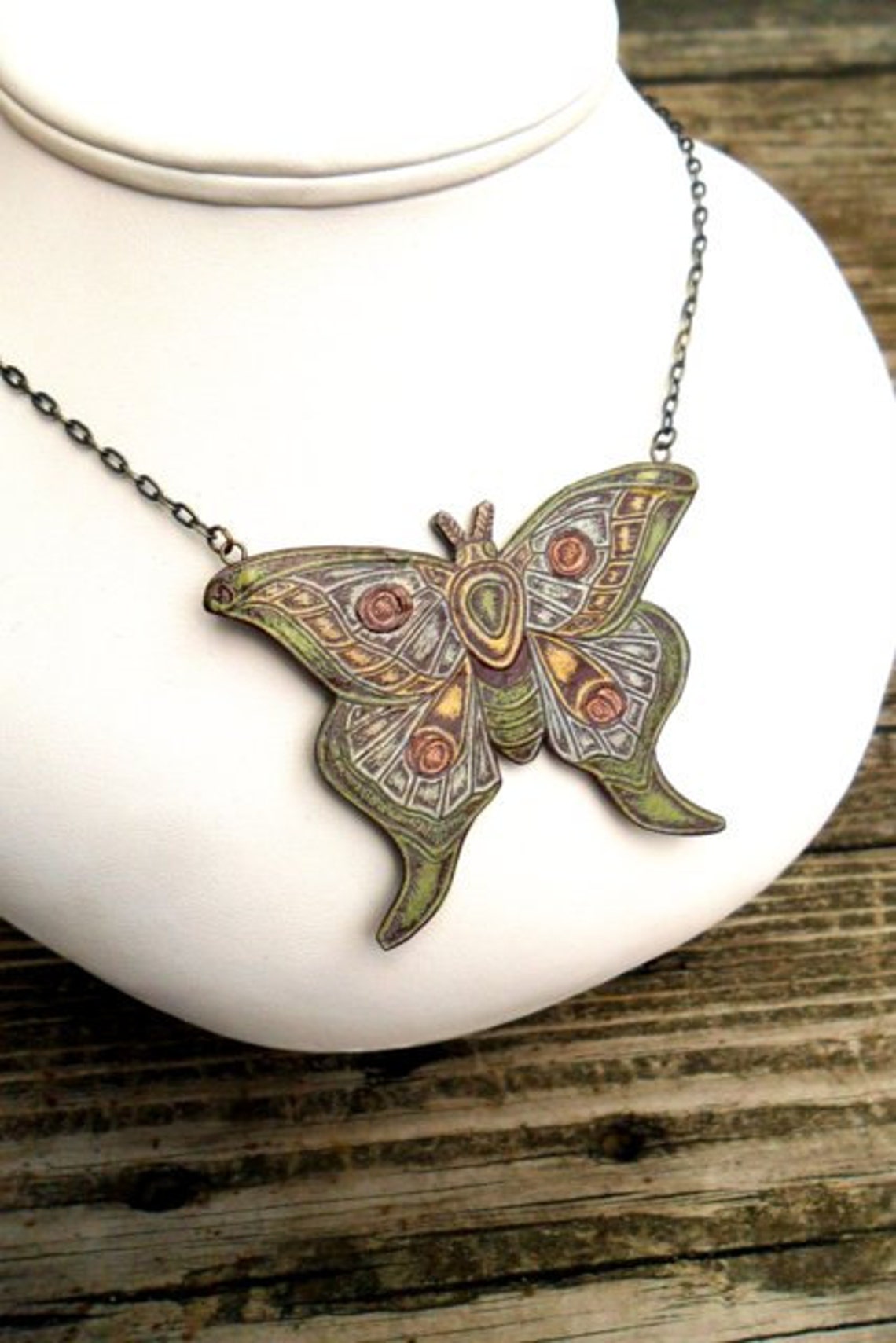 Metallic Moth Pendant Necklace, Green Gold Silver, Hand-painted Polymer ...