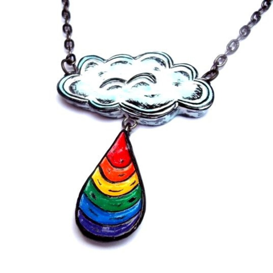 White Rain Cloud Necklace, Rainbow Raindrop Necklace, Rainbow Pendant ...