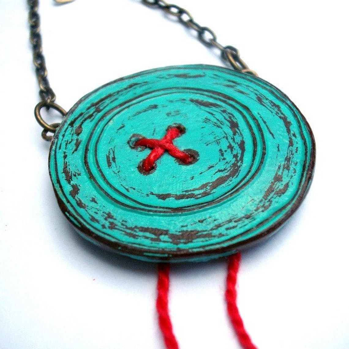 Big Turquoise Button Necklace With Red Thread, Rustic Button Necklace ...