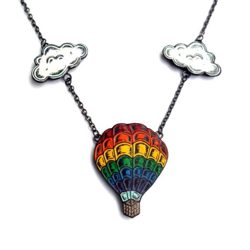 Rainbow Hot Air Balloon Necklace With White Clouds - Etsy