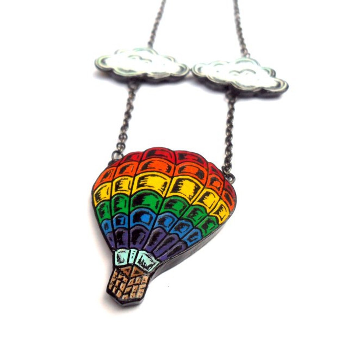Rainbow Hot Air Balloon Necklace With White Clouds - Etsy