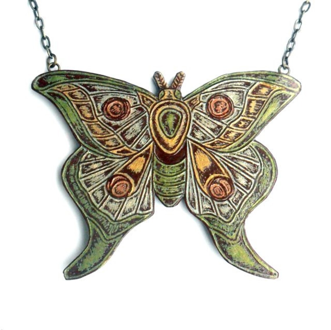 Metallic Moth Pendant Necklace, Green Gold Silver, Hand-painted Polymer ...