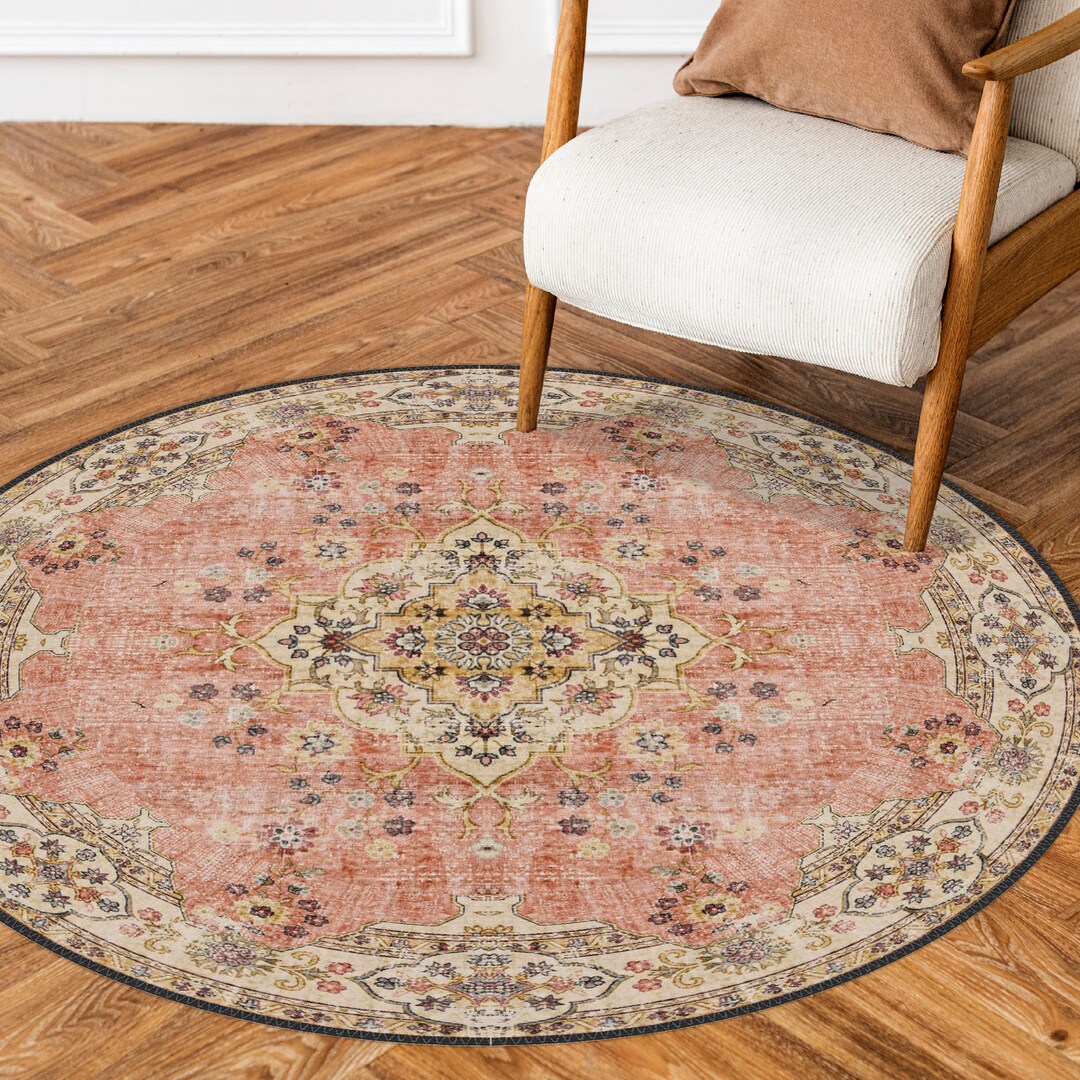 Traditional Round Vintage Style Rug, Decorative Washable Non-slip Round ...