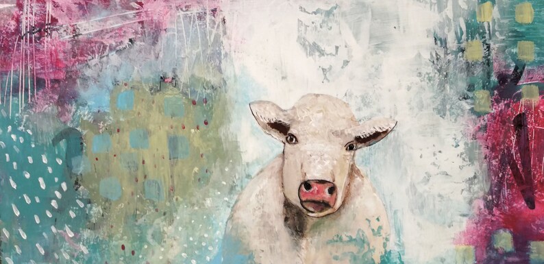 Original Mixed Media Collage Cow Painting Whimsical Cow Art | Etsy