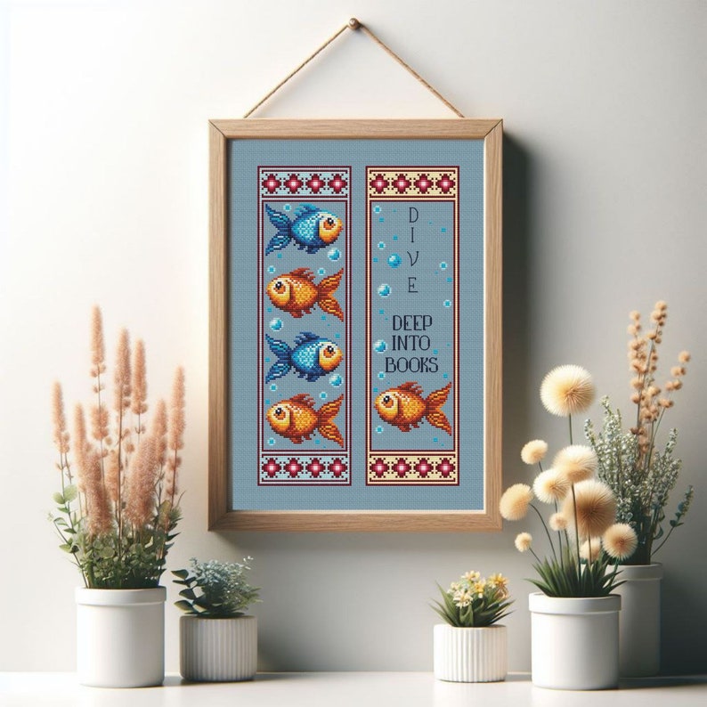 Funny Fish Cross Stitch Bookmark Set - Dive Deep Into Books - Two ...