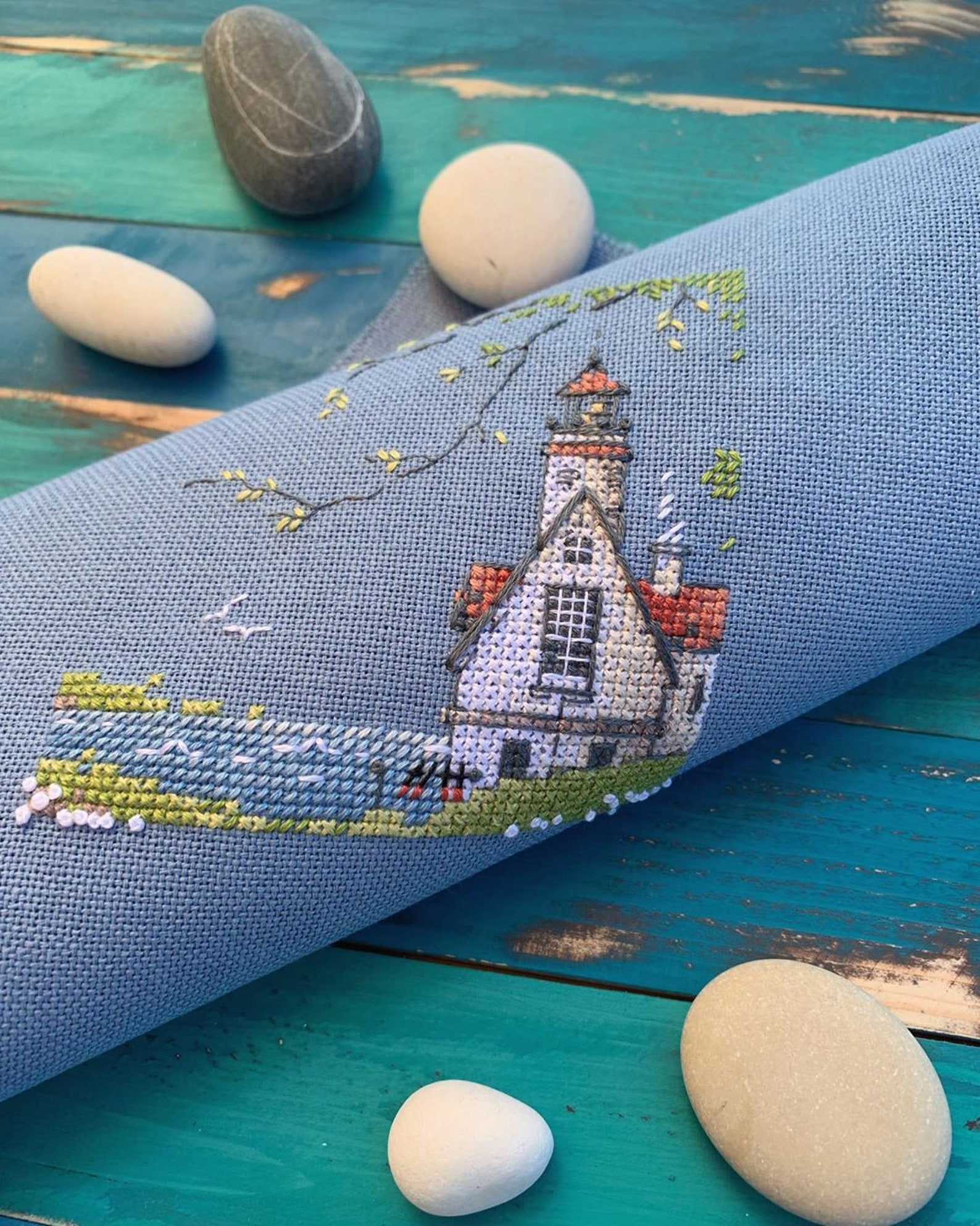 Red Roof Lighthouse on a Hill Cross Stitch Pattern, Beach Home Decor ...