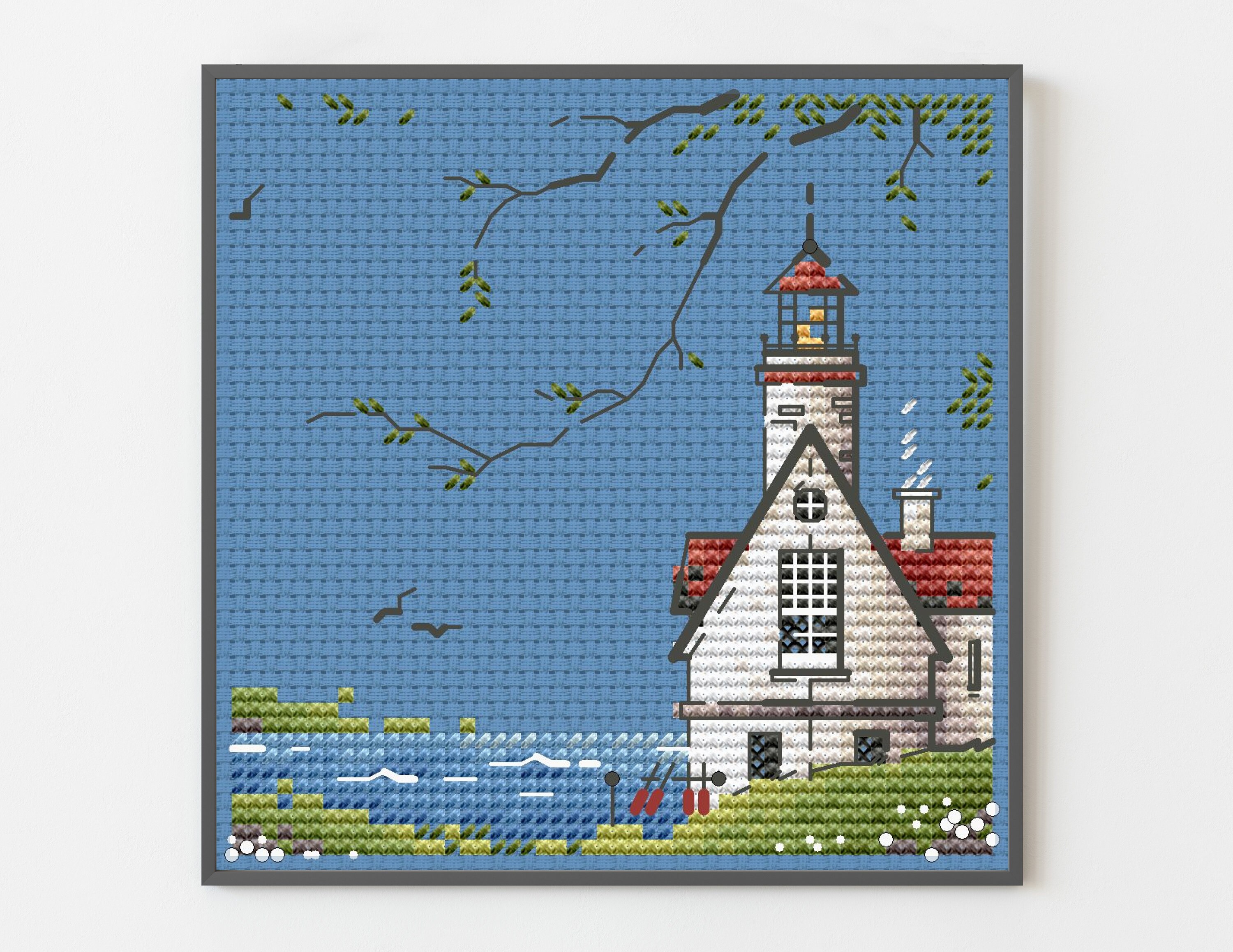 Red Roof Lighthouse on a Hill Cross Stitch Pattern, Beach Home Decor ...