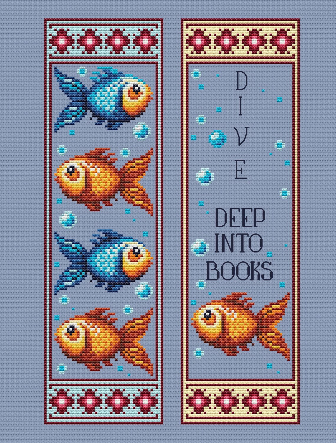 Funny Fish Cross Stitch Bookmark Set Dive Deep Into Books Two Patterns ...