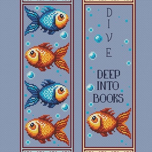 Funny Fish Cross Stitch Bookmark Set - Dive Deep Into Books - Two ...