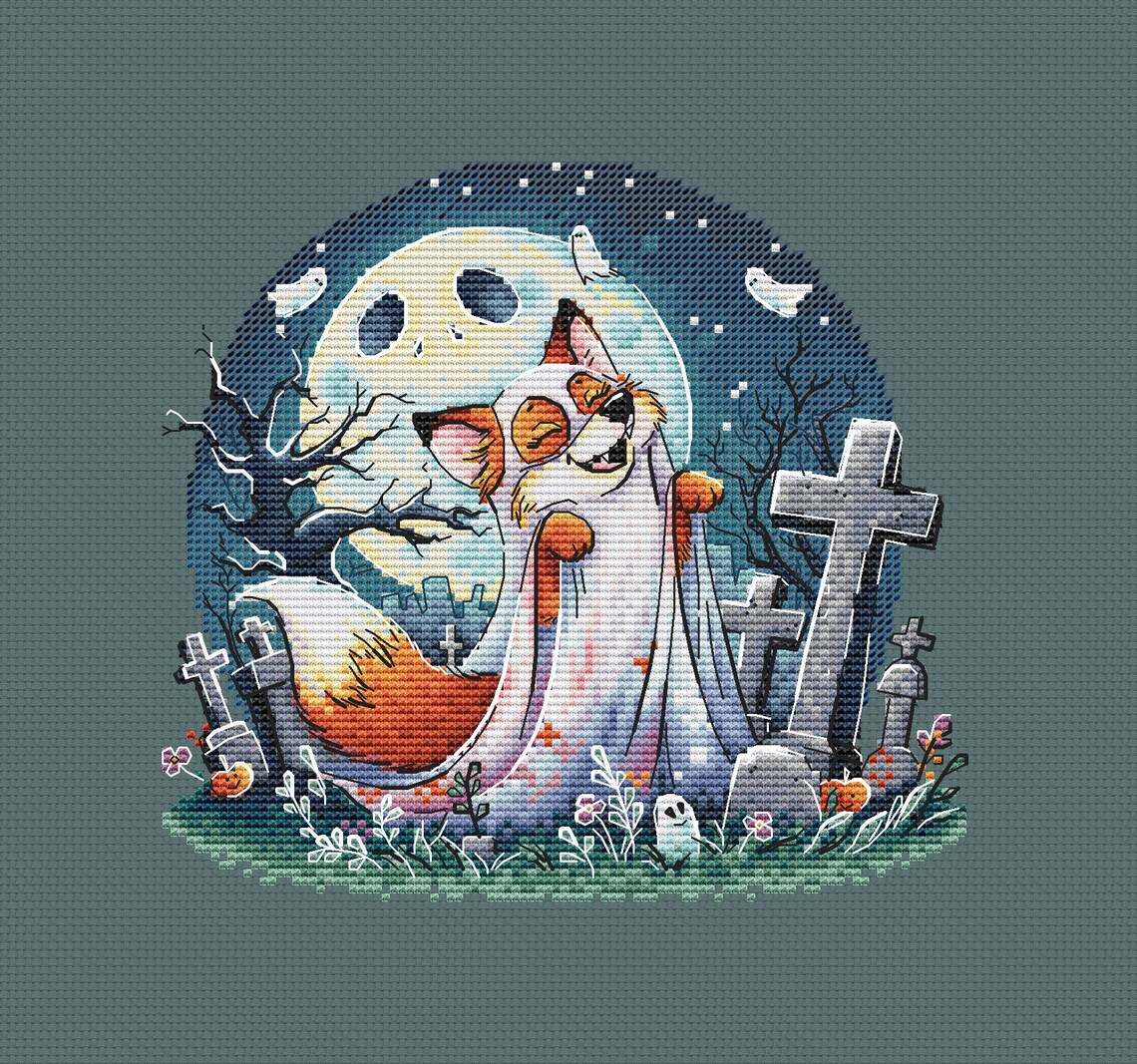 Spooky Fox in Ghostly Disguise Cross Stitch Pattern: Moonlight Cemetery ...