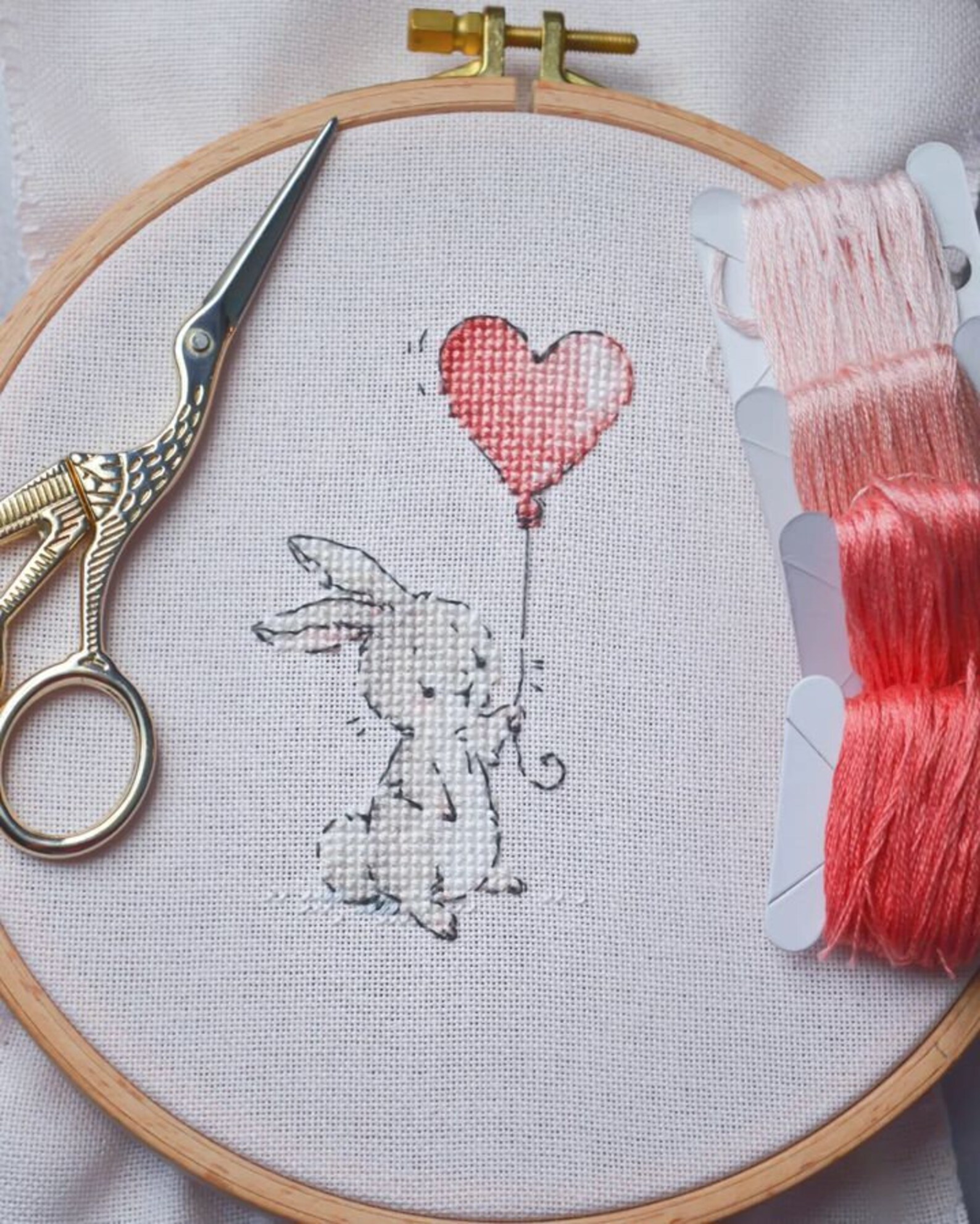Adorable Little Rabbit Cross Stitch Pattern With Pink Heart Balloon ...