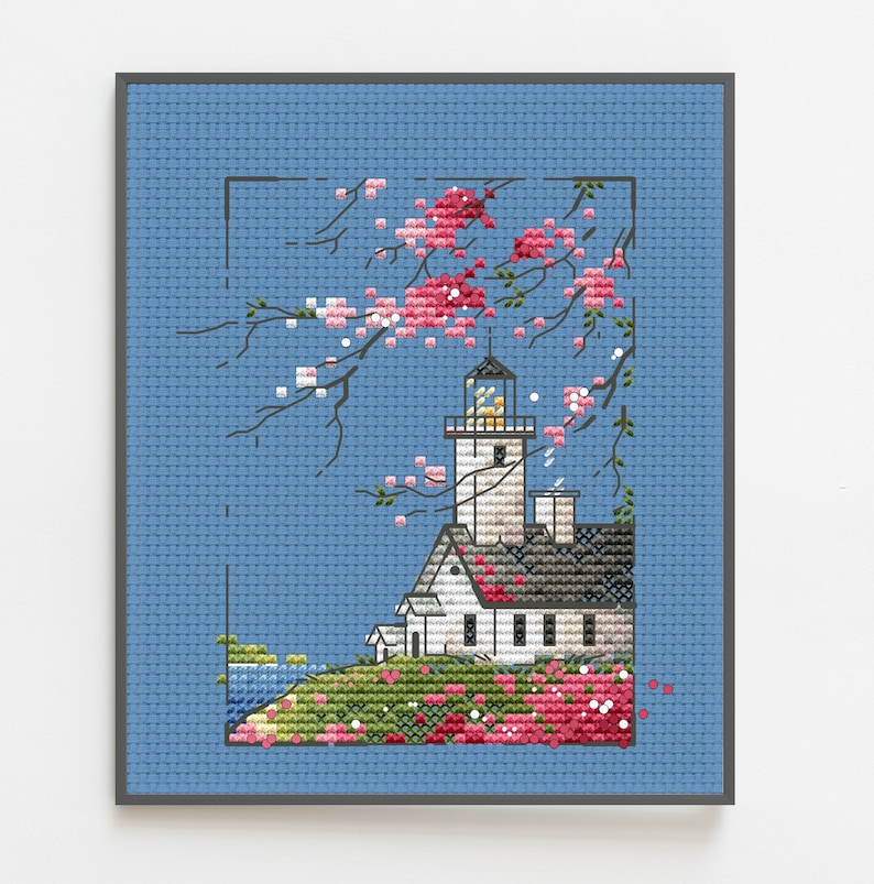 Springtime Beauty: Lighthouse With Sakura Flowers Cross Stitch Pattern ...