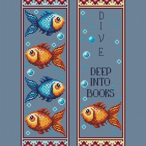 Funny Fish Cross Stitch Bookmark Set - Dive Deep Into Books - Two ...