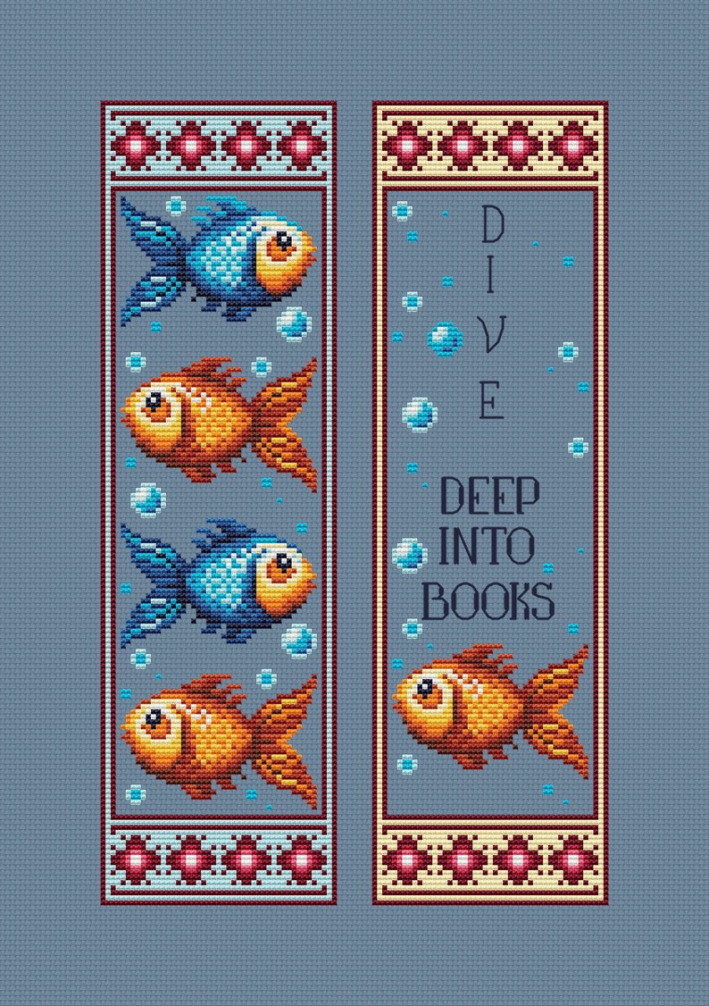 Funny Fish Cross Stitch Bookmark Set Dive Deep Into Books Two Patterns ...