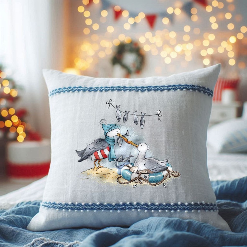 Cute Seagull Family Cross Stitch Pattern, Cozy Nest Embroidery, Marine ...