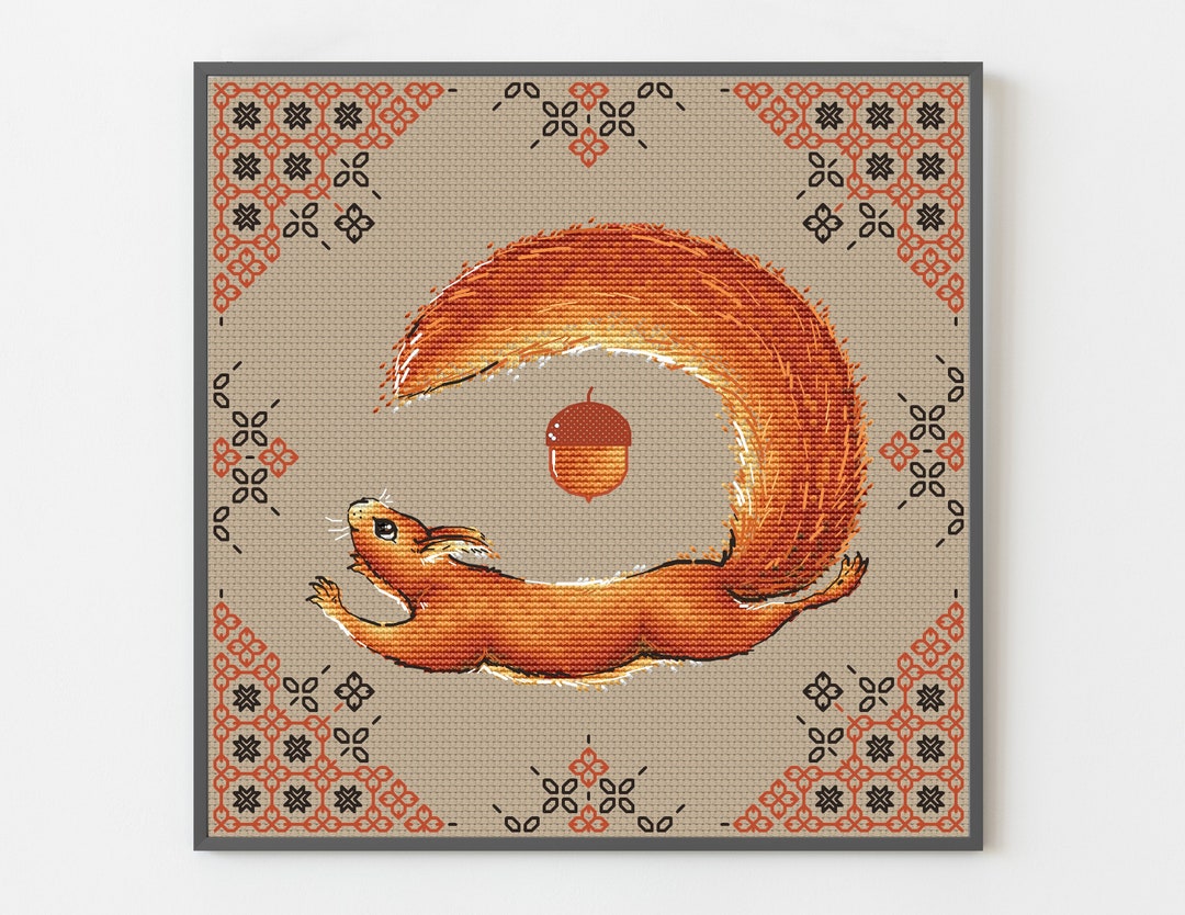 Forest Fiery Squirrel With Acorn Cross Stitch Pattern - DIY Embroidery ...
