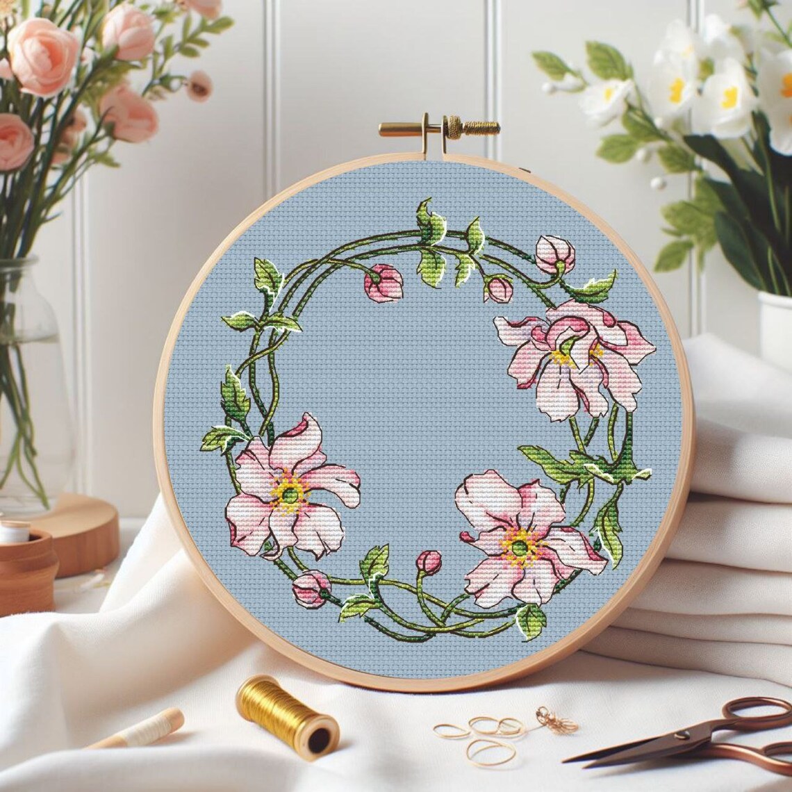 Pink Anemone Wreath Cross Stitch Pattern: Chic Pillow Decor (digital ...