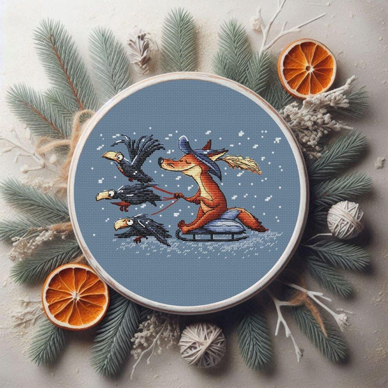 Fox on Sleigh Cross Stitch Pattern: Whimsical Christmas Design (digital ...