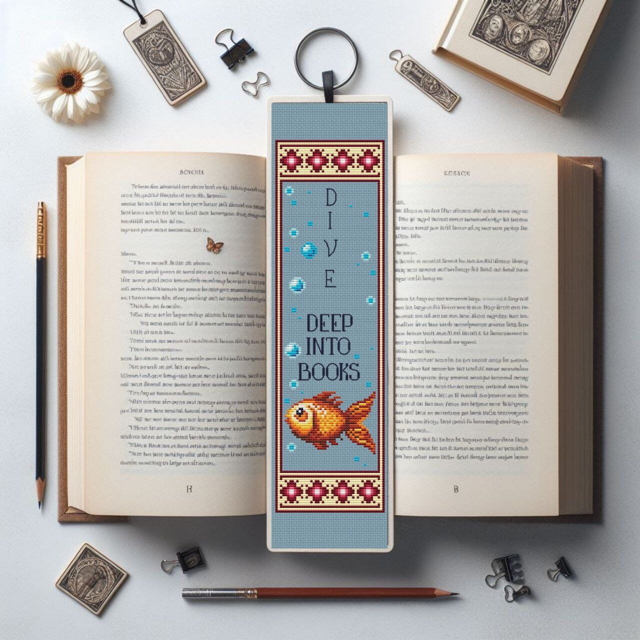Funny Fish Cross Stitch Bookmark Set - Dive Deep Into Books - Two ...