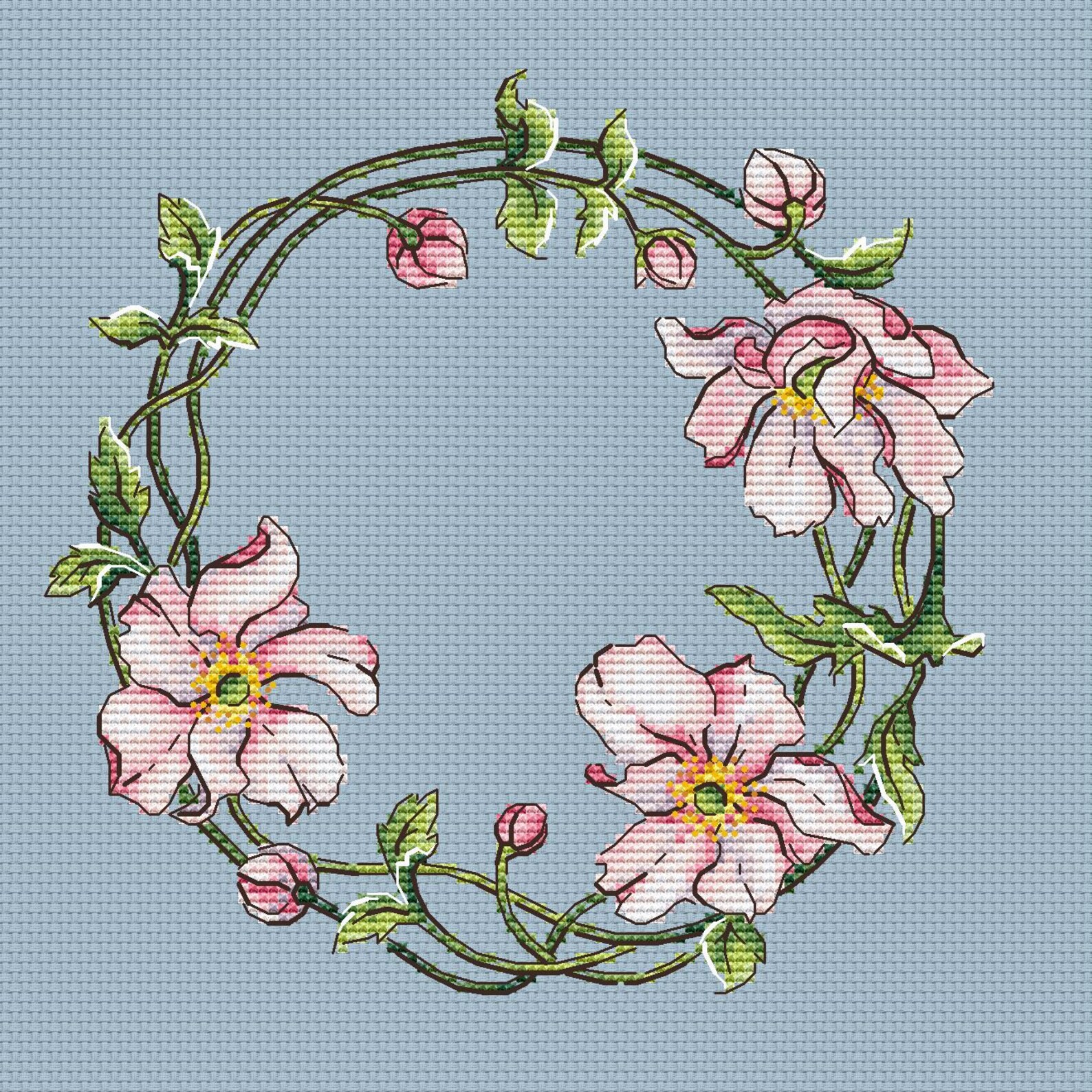 Pink Anemone Wreath Cross Stitch Pattern: Chic Pillow Decor (digital ...